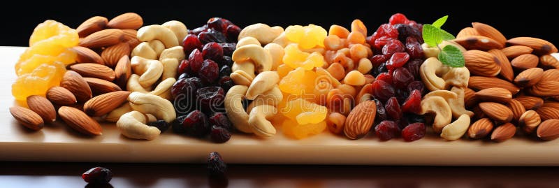 Assorted Nuts and Dried Fruits Collage on Dark Background, Side View ...