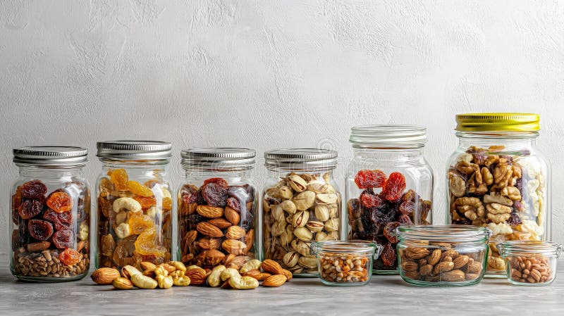 Assorted Nuts and Dried Fruits in Glass Jars Stock Photo - Image of ...