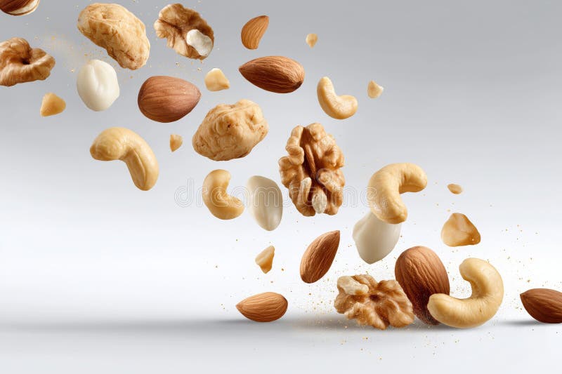 Assorted Nuts Flying in Dynamic Arrangement Against White Background ...