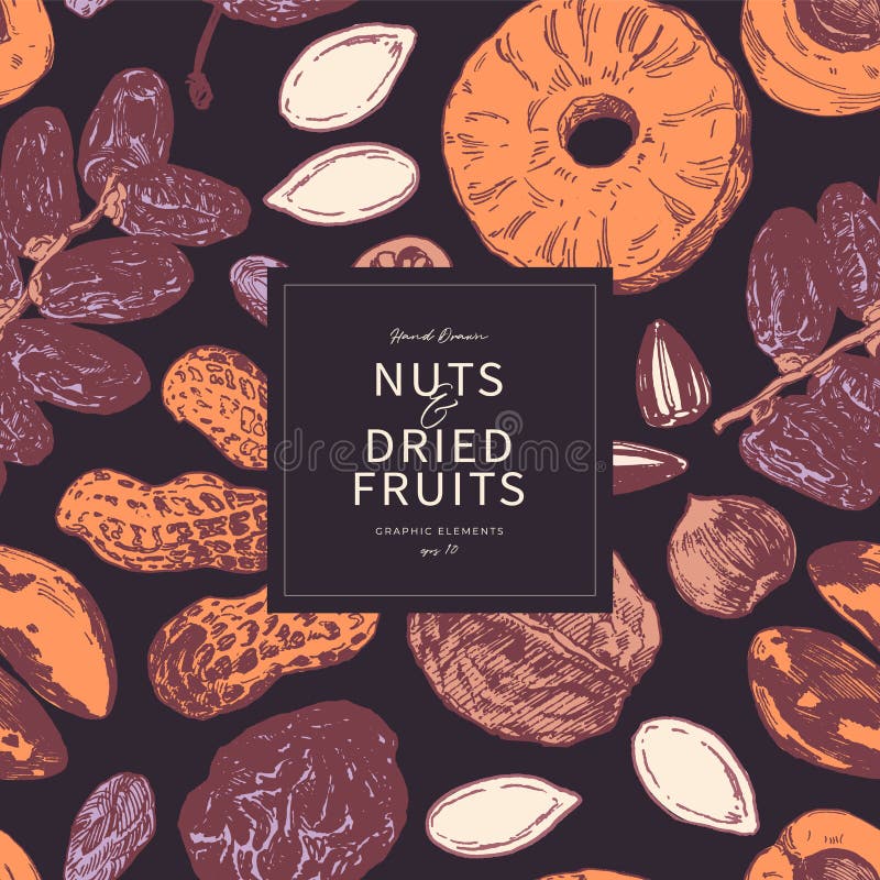 Assorted Nuts and Fruits Seamless Pattern Poster Black Stock Vector ...