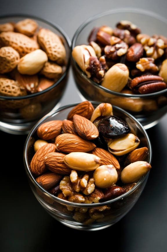 Assorted Nuts in Glass Bowls: Almonds, Pecans, Walnuts, Peanuts, and ...