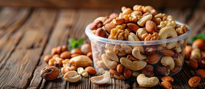 Assorted Nuts in Plastic Container on Wooden Table Stock Photo - Image ...