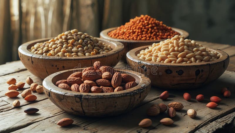 Assorted Nuts and Pulses Displayed in Wooden Bowls on Table Stock Image ...