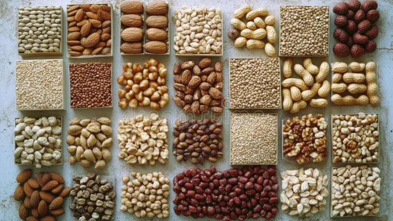 Assorted Nuts and Seeds Display in Rustic Boxes Highlighting Diversity ...