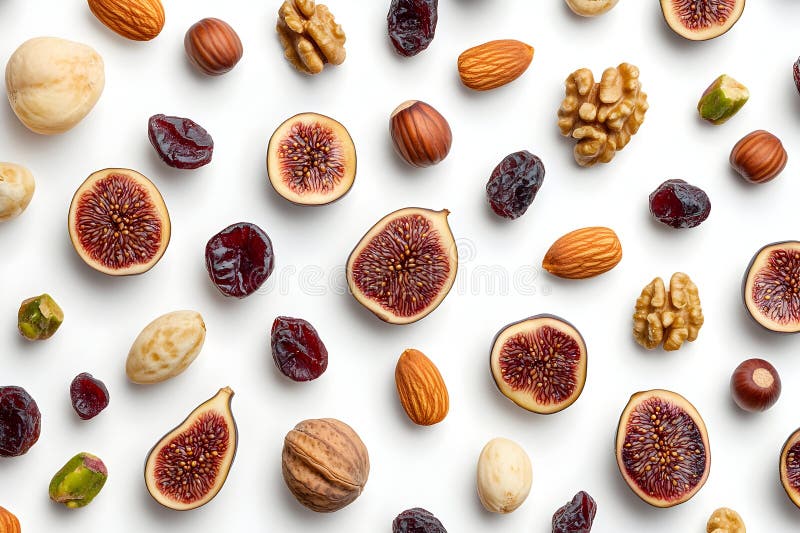 Assorted Nuts, Seeds, and Dried Fruits on a White Background Stock ...