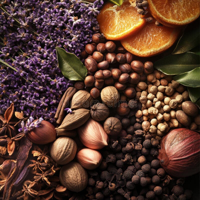 Assorted Nuts and Spices with Lavender and Citrus Slices for Aromatic ...