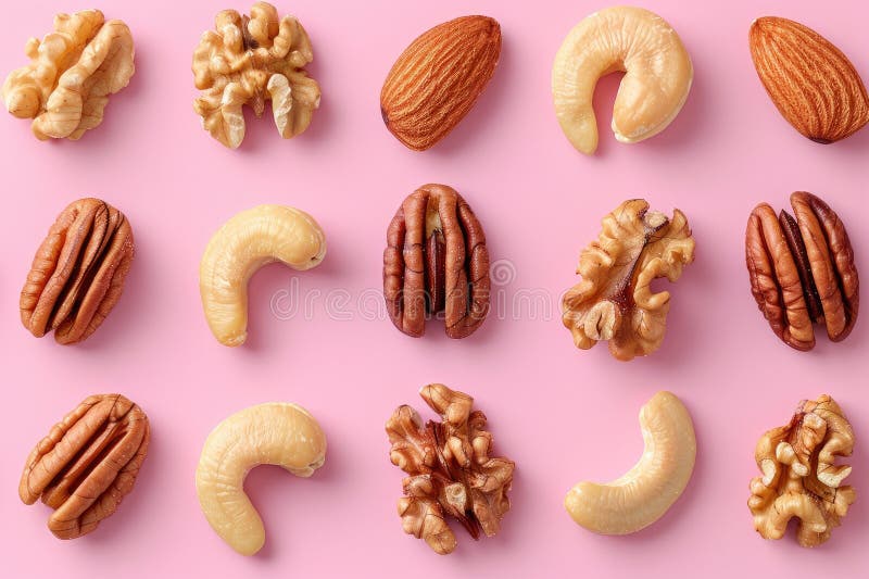 Assorted Nuts. Types of Nuts on Pink Background. Heaps of Nuts. Cashew ...