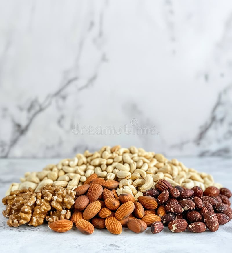 Assorted Nuts Variety Displayed on Marble Background Including Cashews ...