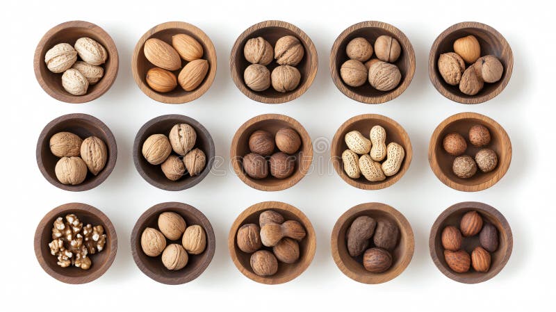 Assorted Nuts in Wooden Bowls Top View Display Food Photography Stock ...