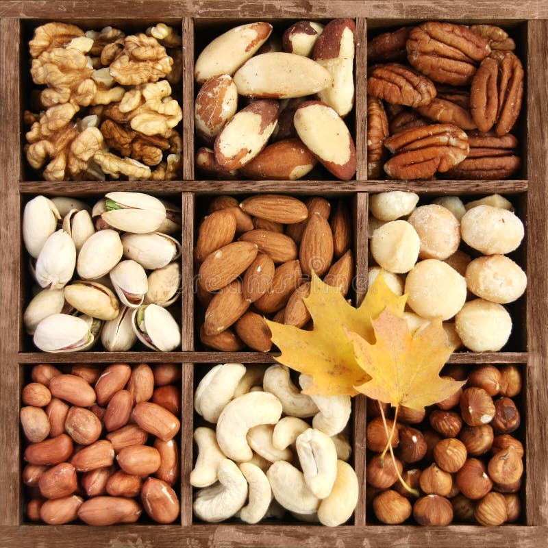 Assorted Nuts in Wooden Box Stock Photo - Image of creative, fatty ...