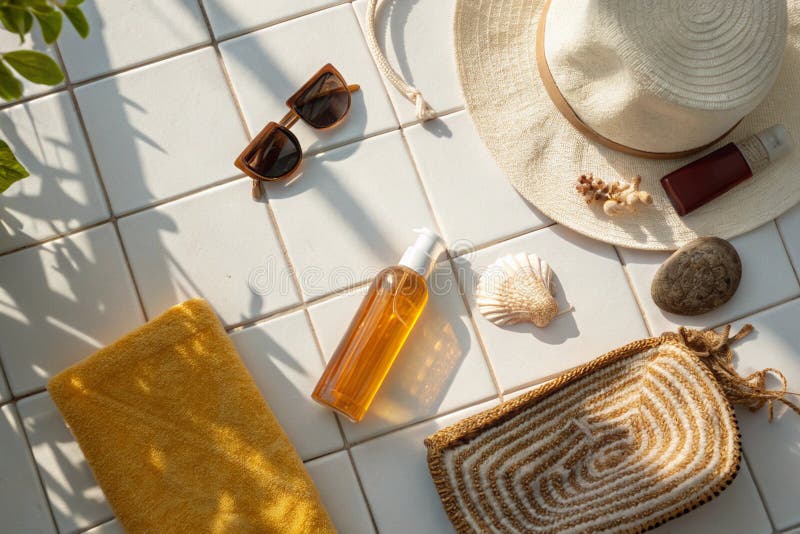 Various Objects on White Tile Background with Warm Sunlight Stock ...