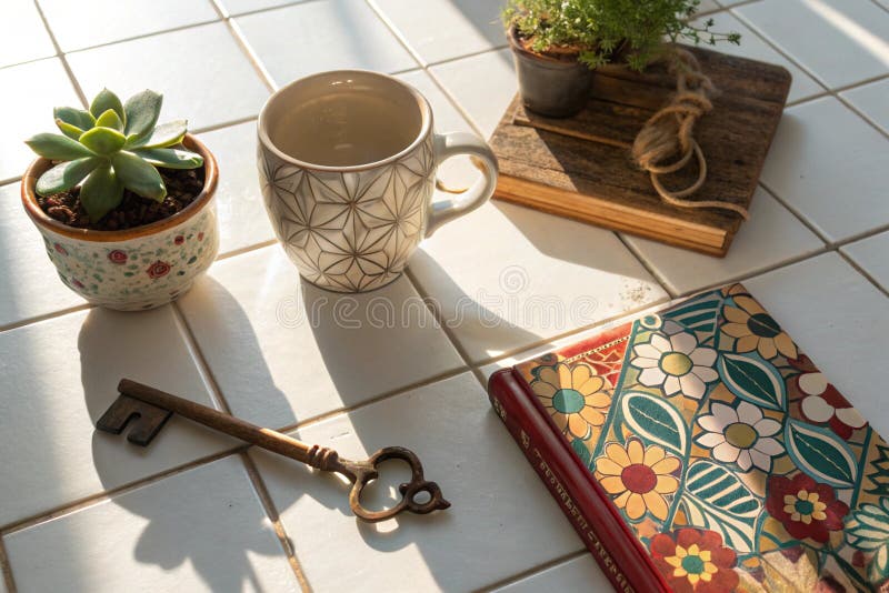Various Objects on White Tile Background with Warm Sunlight Stock ...