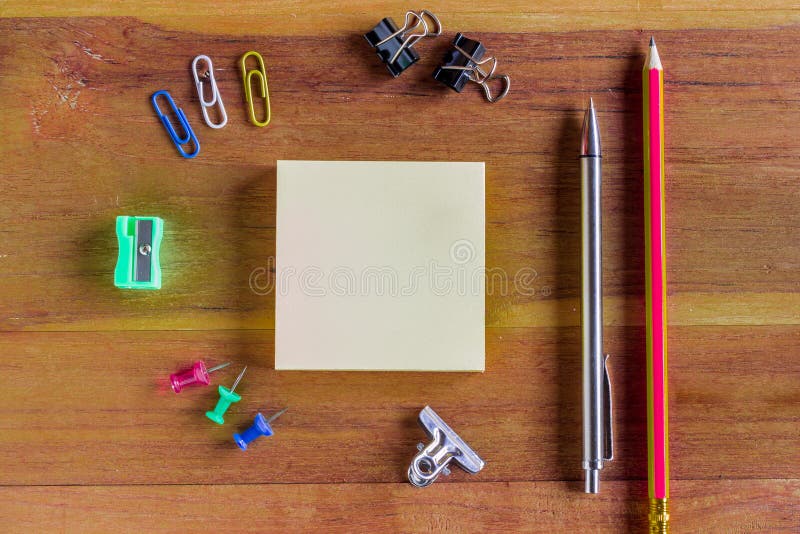 Assorted Office Supplies on Wooden Table Stock Photo - Image of ...