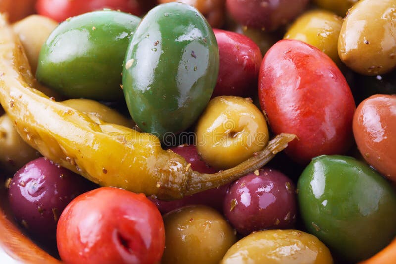 Assorted Olives Marinated with Spices. Stock Image - Image of green ...