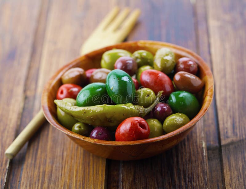 Assorted Olives Marinated with Spices. Stock Image - Image of green ...