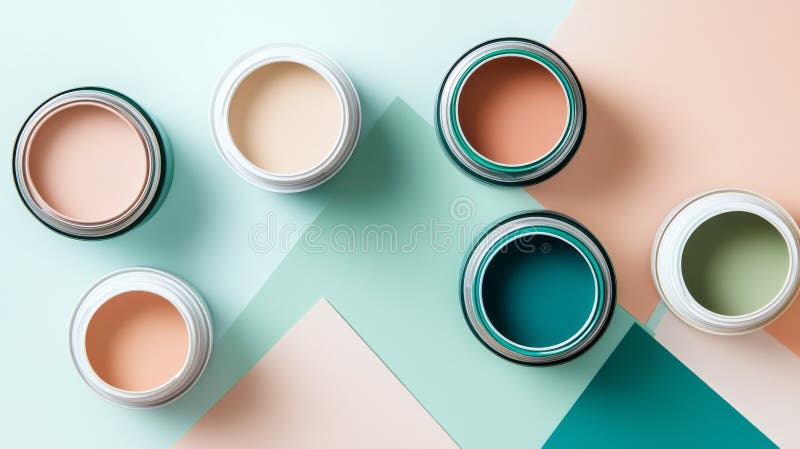 Assorted Open Paint Cans on Colorful Geometric Background Stock Image ...