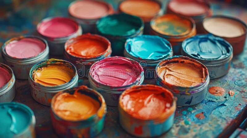 Assorted Open Paint Cans on a Vibrant, Colorful Background with Various ...