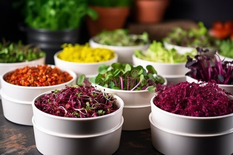 Assorted Organic Microgreens in Bowls Display Stock Illustration ...