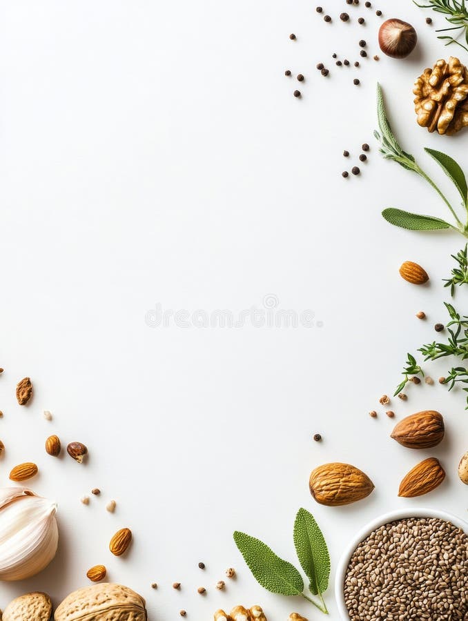 Assorted Organic Seeds, Nuts, and Fresh Herbs Create a Natural Border ...