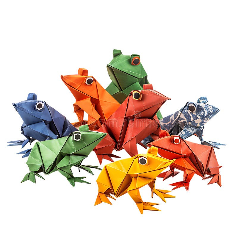 Assorted Origami Paper Frog Group OVER TRANSPARENT BACKGROUND Stock ...