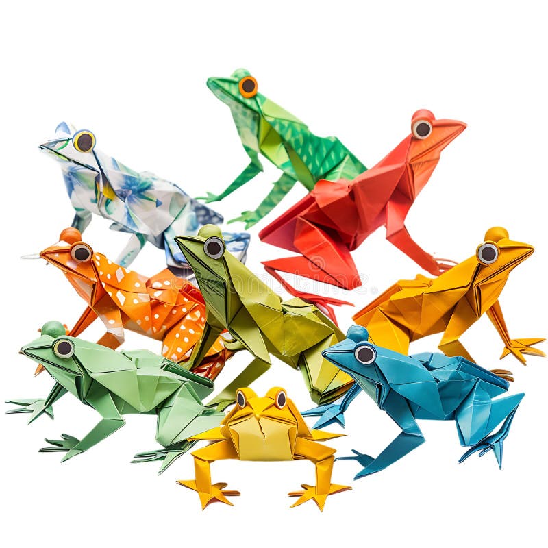 Assorted Origami Paper Frog Group OVER TRANSPARENT BACKGROUND Stock ...