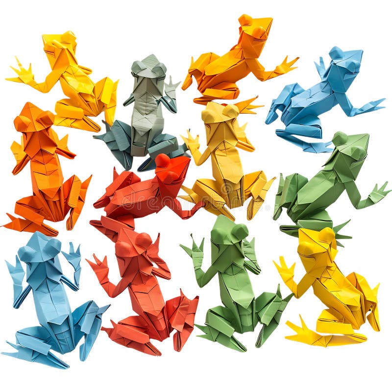 Assorted Origami Paper Frog Group OVER TRANSPARENT BACKGROUND Stock ...