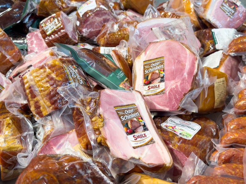 Assorted Packaged Meats Display Variety of Sealed Ham Products ...
