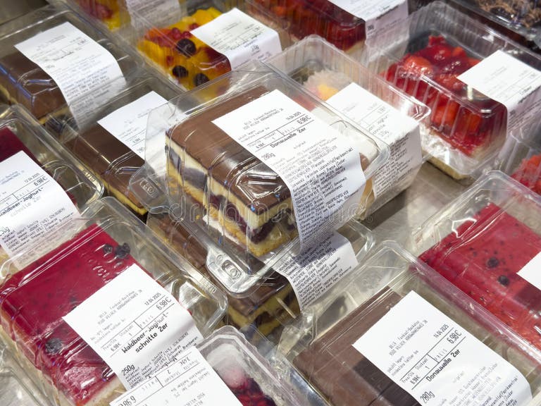 Assorted Packaged Pastries with Nutritional Labels in Plastic ...