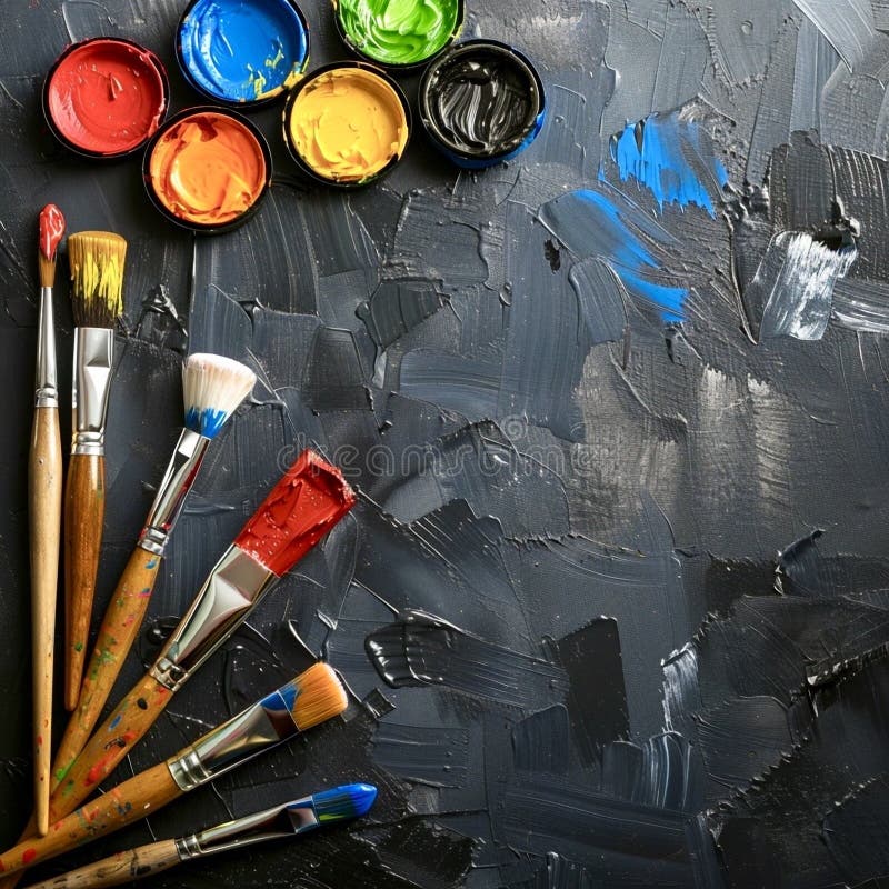 Assorted Paint Brushes and Art Paint Palette on Table Stock Photo ...