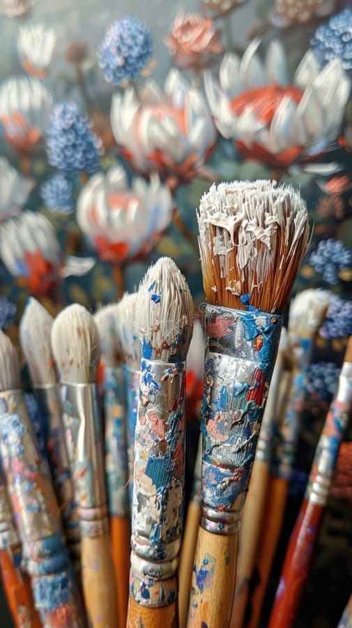 Assorted Paint Brushes in a Row Stock Image - Image of neat, craft ...