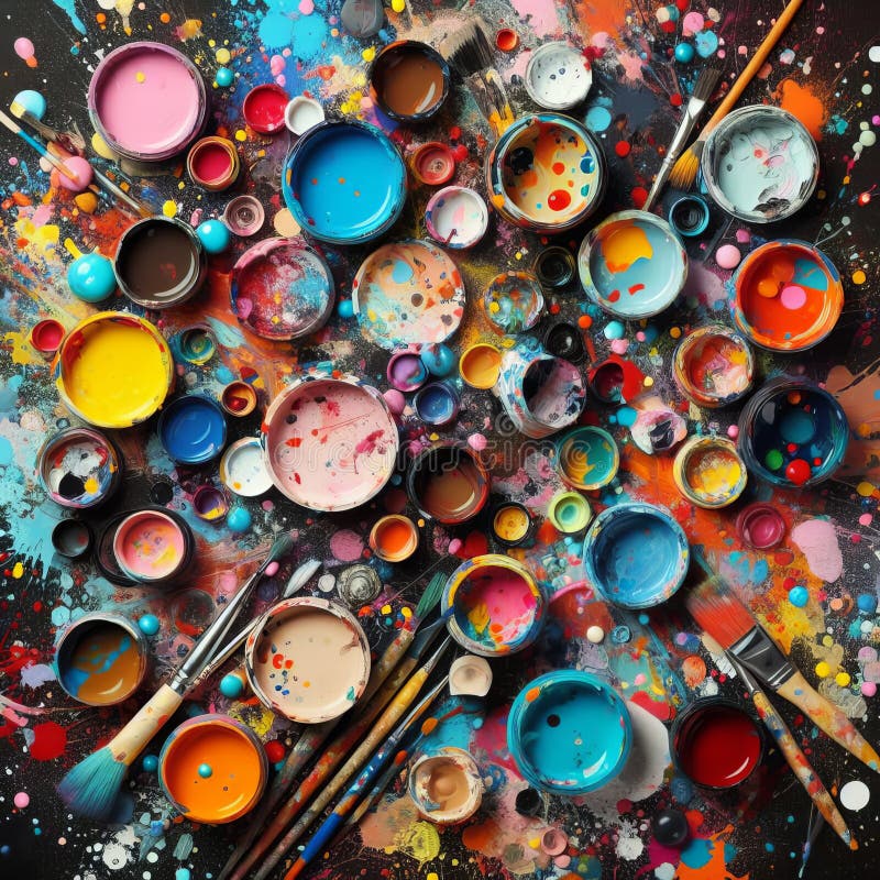 Assorted Paint Pots and Brushes on Artistic Table Stock Photo - Image ...
