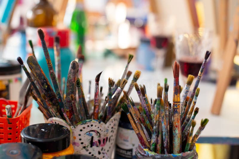 Assorted Paintbrushes in Artist S Studio Stock Photo - Image of brushes ...
