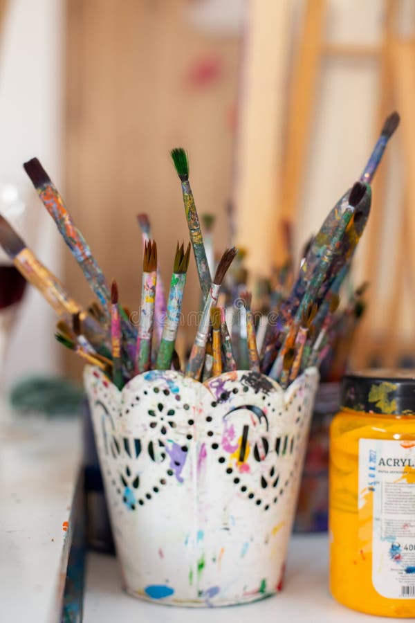 Assorted Paintbrushes in Artist S Studio Stock Image - Image of vibrant ...