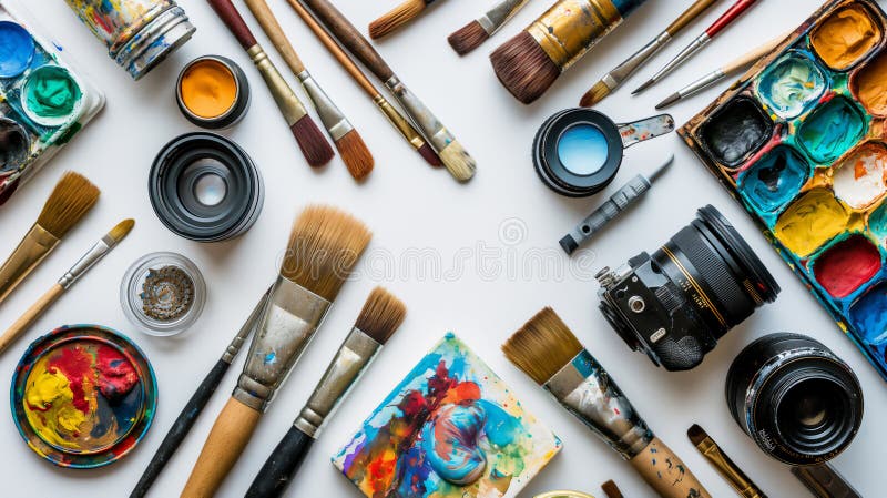 Assorted Paintbrushes, Cameras, and Vibrant Paints Arranged on a White ...