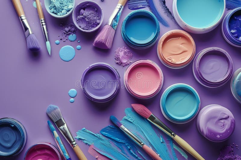 Assorted Paints and Brushes on Purple Surface Stock Photo - Image of ...