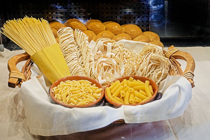 Assorted Pasta in a Basket on the Counter in an Italian Stock Photo ...