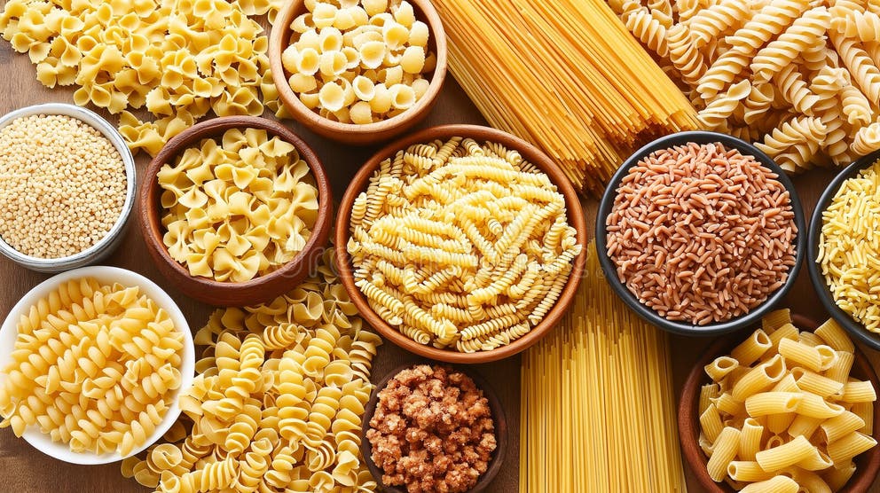 Assorted Pasta Types Displayed on Rustic Wooden Table Stock Photo ...