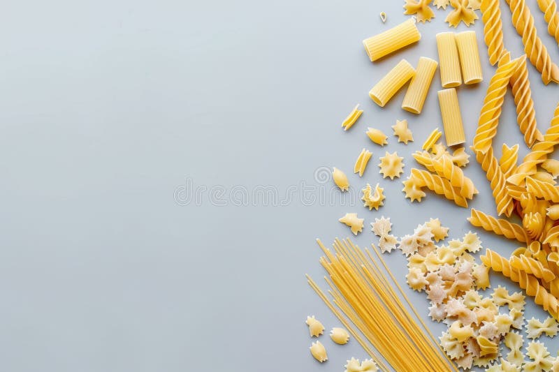 Assorted Pasta Types on Gray Background Overhead Shot with Copy Space ...
