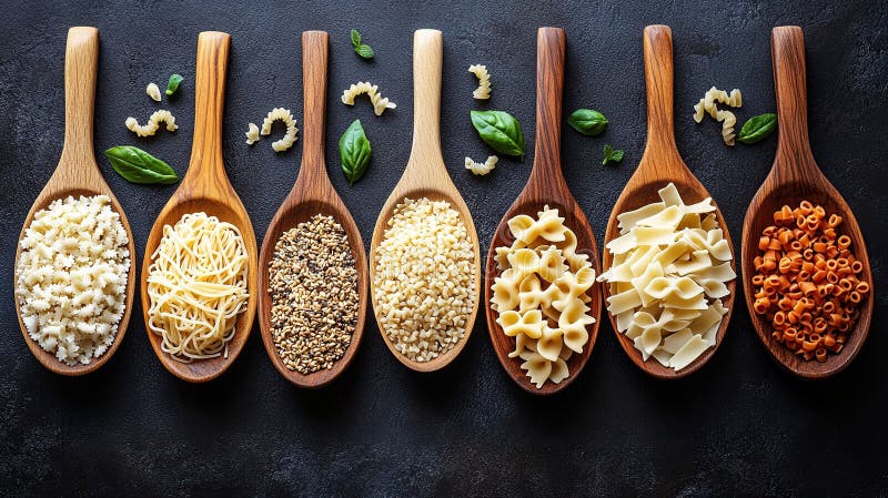 Assorted Pasta Types in Wooden Spoons on Dark Background Stock ...