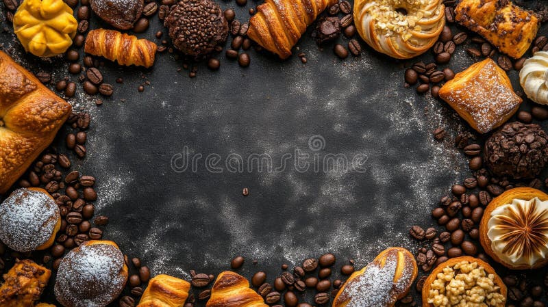 Assorted Pastries and Coffee Beans on Dark Background Stock ...