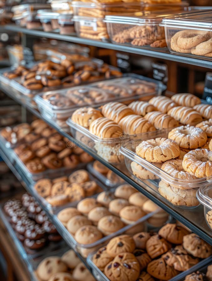 Assorted Pastries and Cookies Displayed on Bakery Shelves. Stock Photo ...