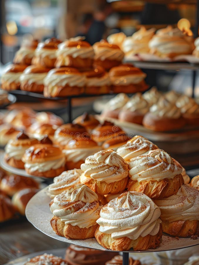 Assorted Pastries with Cream and Icing Displayed on Tiered Trays. Stock ...