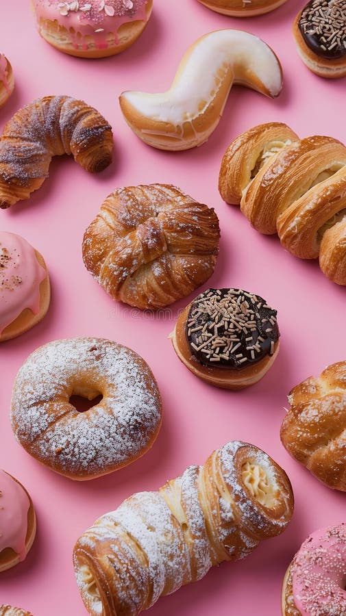 Assorted Pastries and Doughnuts on Pink Background for Bakery Signage ...