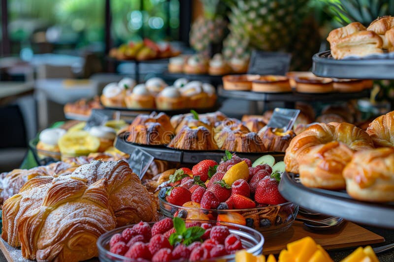 Assorted Pastries and Fresh Fruits Buffet Spread Stock Illustration ...