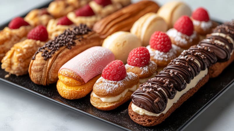 Assorted Pastries Including Eclairs, Macarons, Cream Puffs with ...