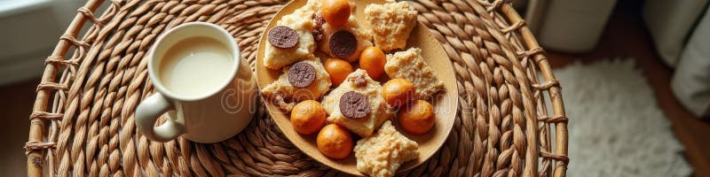 Assorted Pastries and Milk on Wicker Table: Cozy Breakfast Setting ...