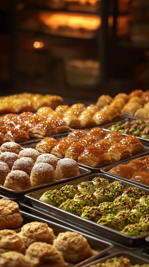 Assorted Pastries with Nuts and Glazed Toppings in a Bakery Display ...