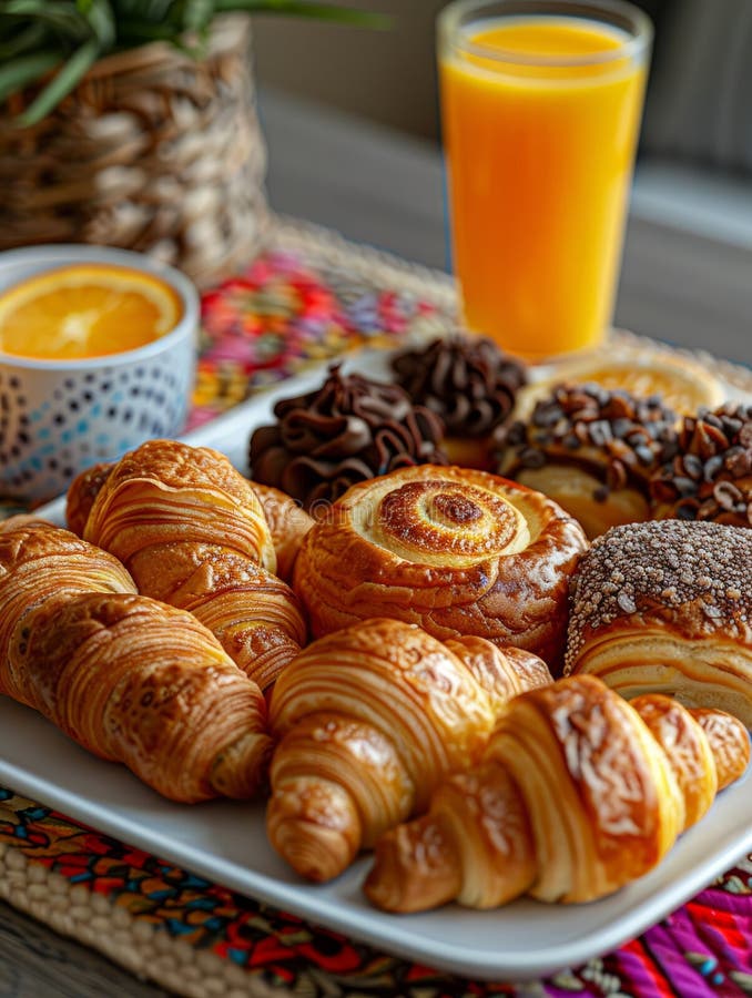 Assorted Pastries with Orange Juice on a Breakfast Table. Stock Image ...
