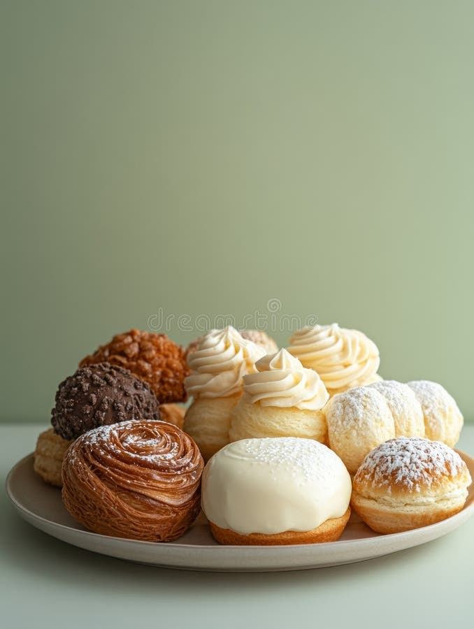 Assorted Pastries on a Plate Against a Green Background. Stock Photo ...