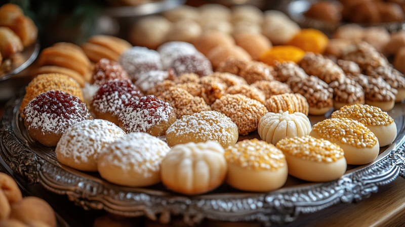 Assorted Pastries on Silver Tray at Buffet Table with Background ...